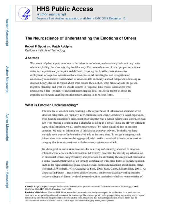 (PDF) The neuroscience of understanding the emotions of others