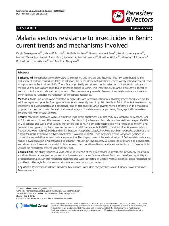 (PDF) Malaria vectors resistance to insecticides in Benin: current ...