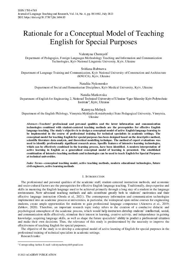 (PDF) Rationale for a Conceptual Model of Teaching English for Special ...