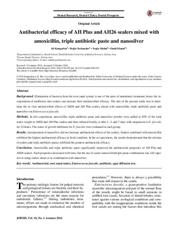 (PDF) Antibacterial efficacy of AH Plus and AH26 sealers mixed with ...