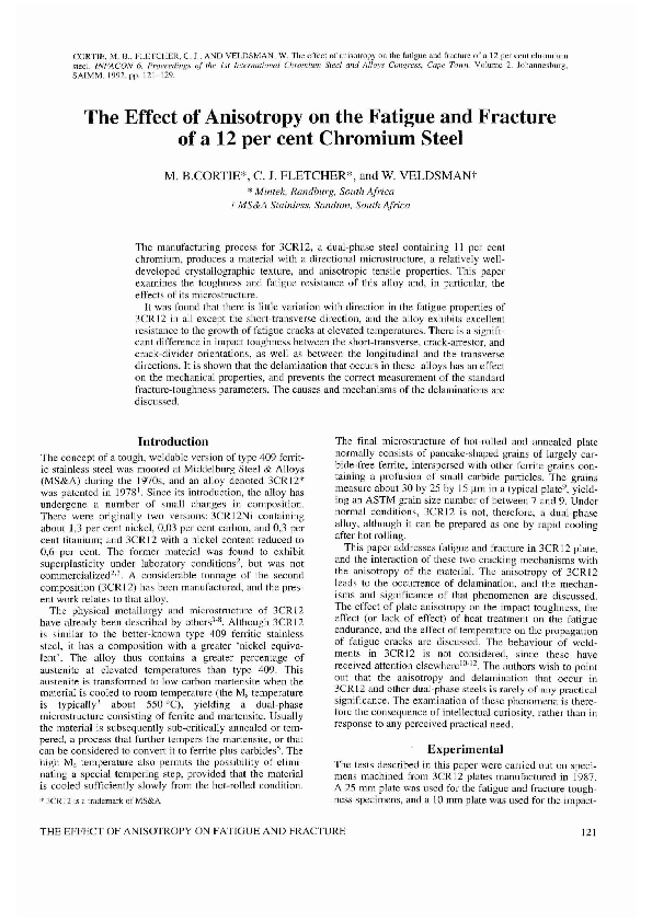 (PDF) The Effect of Anisotropy on the Fatigue and Fracture of a 12% ...