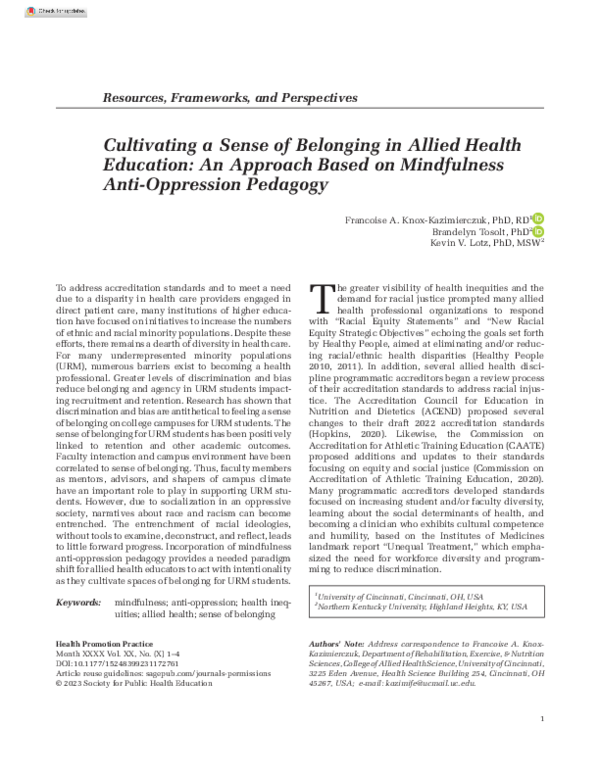 (PDF) Cultivating a Sense of Belonging in Allied Health Education: An ...