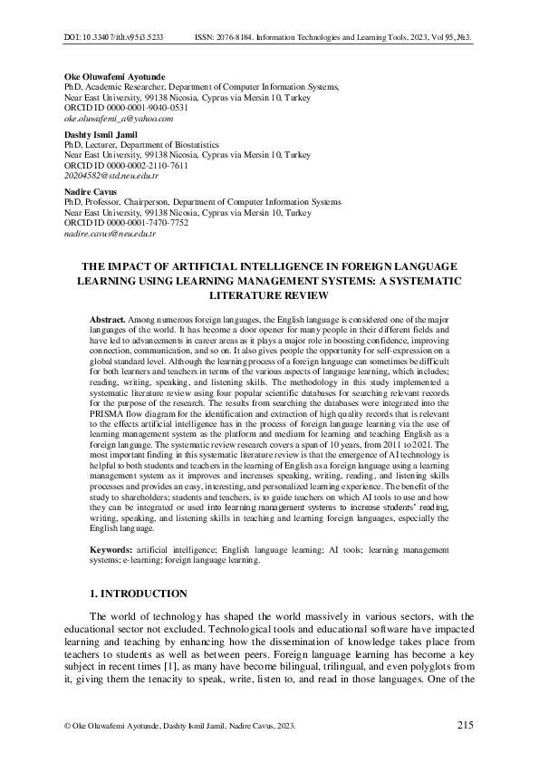 (PDF) The Impact of Artificial Intelligence in Foreign Language Learning Using Learning ...