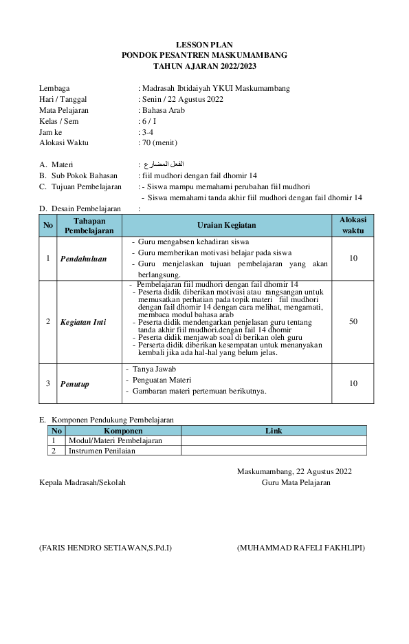 (PDF) (Perangkat Pembelajaran) - RPP/Lesson Plan Bahasa Arab Kelas 6 MI/SD Semester 1