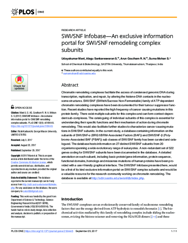 (PDF) SWI/SNF Infobase: Database for Remodeling Complexes