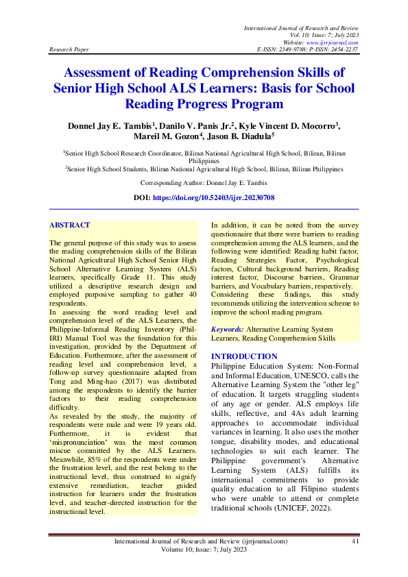 (PDF) Assessment of Reading Comprehension Skills of Senior High School ...