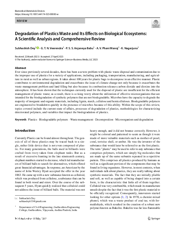 (PDF) Degradation of Plastics Waste and Its Effects on Biological ...