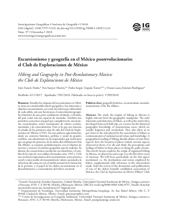 (PDF) Excursionismo y geografía en el México posrevolucionario: el Club de Exploraciones de México