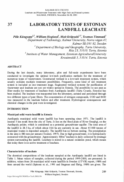 (PDF) Laboratory tests of Estonian landfill leachate