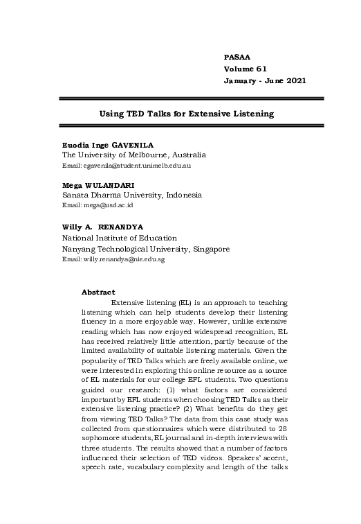 (PDF) Using TED Talks for Extensive Listening