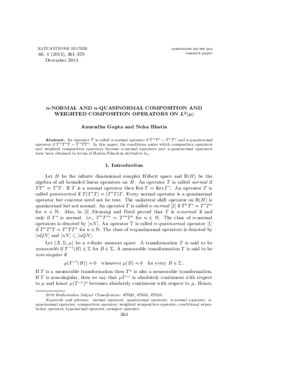 (PDF) n-NORMAL AND n-QUASINORMAL COMPOSITION AND WEIGHTED COMPOSITION OPERATORS ON L(μ)