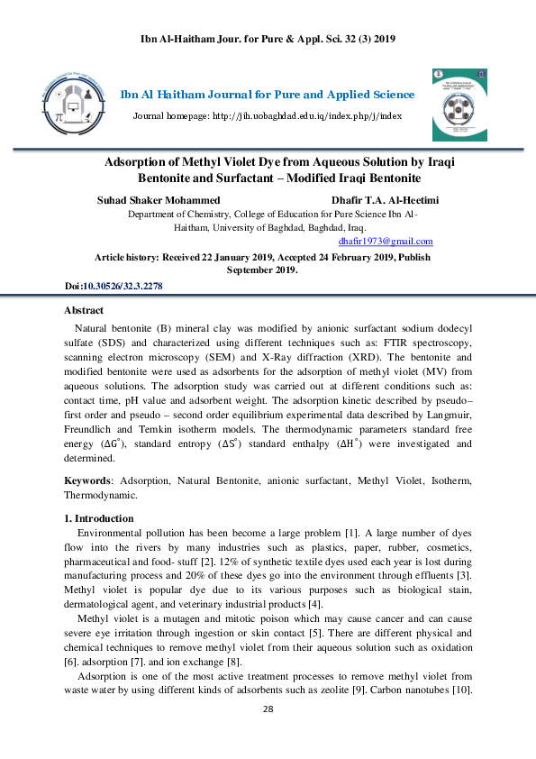 (PDF) Adsorption of Methyl Violet Dye from Aqueous Solution by Iraqi Bentonite and Surfactant â ...