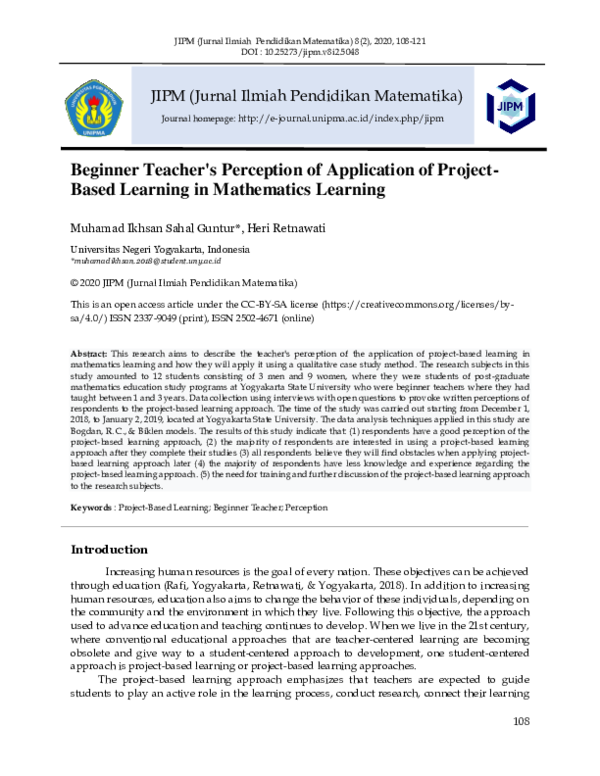 (PDF) Beginner Teacher's Perception of Application of Project-Based ...