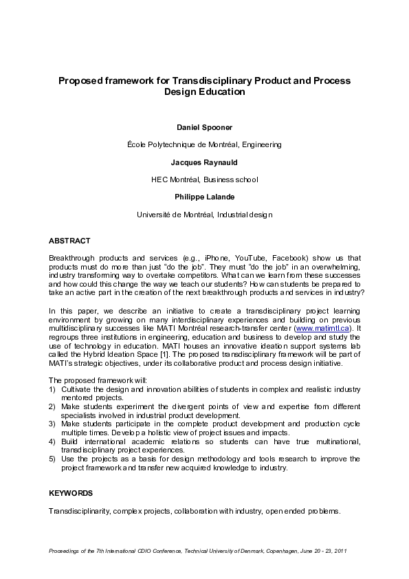 (PDF) Proposed framework for Transdisciplinary Product and Process Design Education