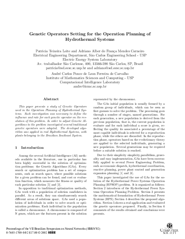 (PDF) Genetic operators setting for the operation planning of hydrothermal systems