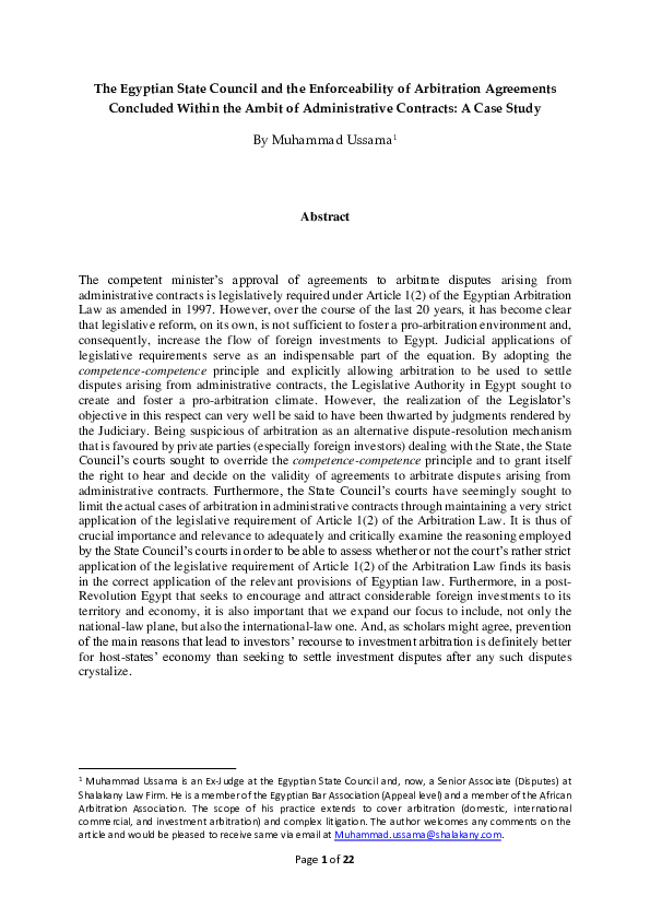 (PDF) The Egyptian State Council and the Enforceability of Arbitration Agreements Concluded ...