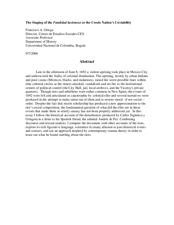 (PDF) The Staging of the Fatalidad lastimosa or the Creole Nation's ...