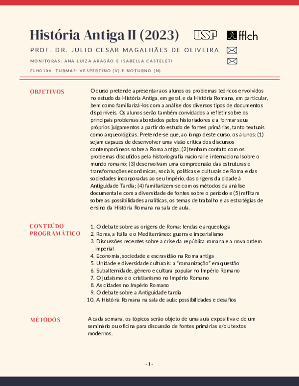 (PDF) História Antiga II 2023 (USP) - programa da disciplina