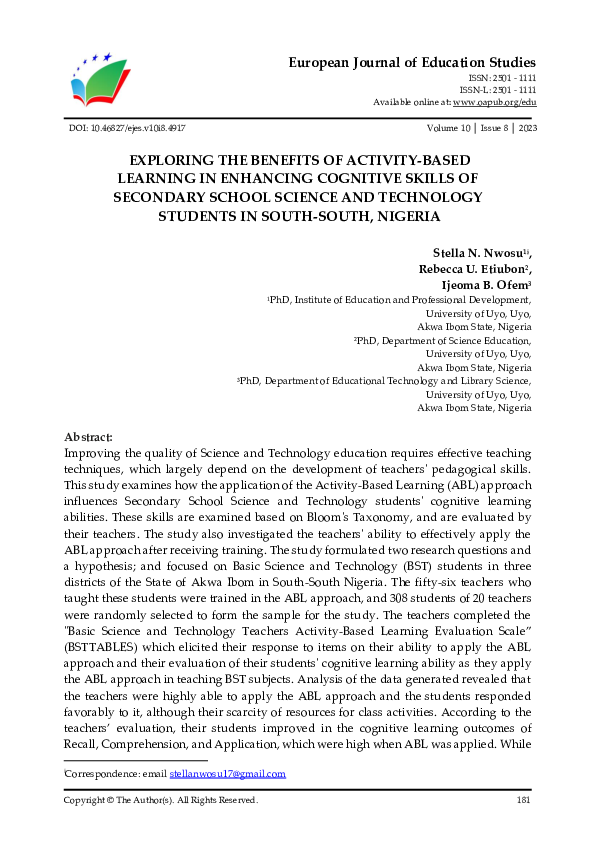 (PDF) Exploring the Benefits of Activity-Based Learning in Enhancing ...