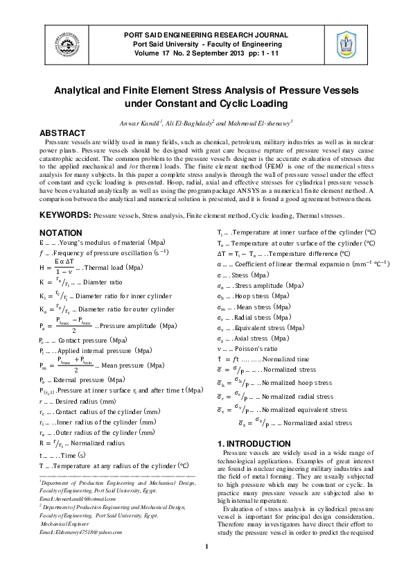 (PDF) Analytical and Finite Element Stress Analysis of Pressure Vessels under Constant and ...