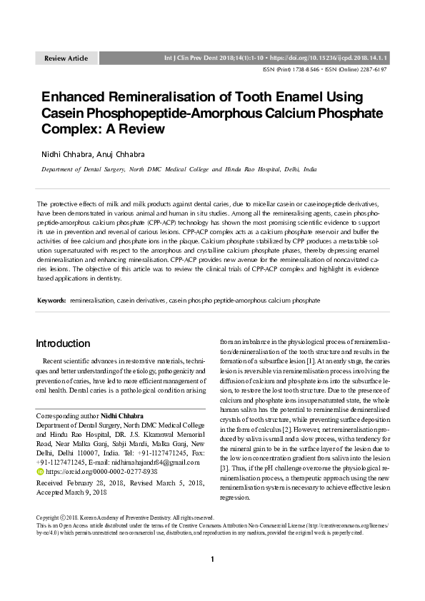 (PDF) Enhanced Remineralisation of Tooth Enamel Using Casein Phosphopeptide-Amorphous Calcium ...