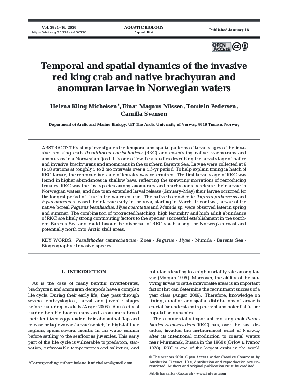 (PDF) Temporal and spatial dynamics of the invasive red king crab and ...