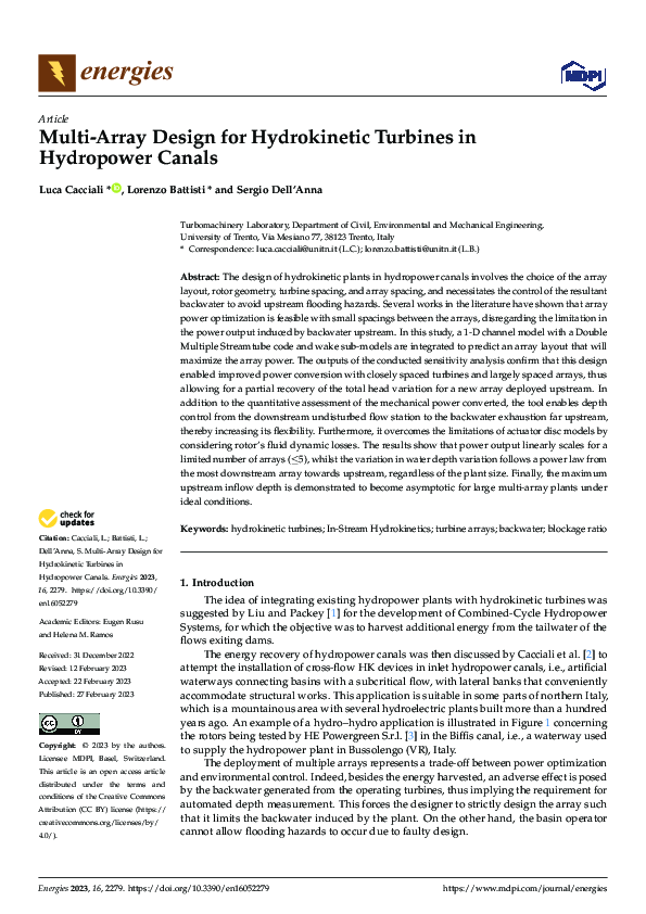 (PDF) Multi-Array Design for Hydrokinetic Turbines in Hydropower Canals