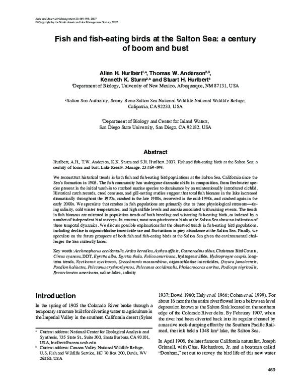 (PDF) Fish and fish-eating birds at the Salton Sea: a century of boom ...