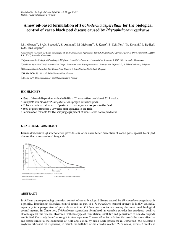 Pdf A New Oil Based Formulation Of Trichoderma Asperellum For The Biological Control Of Cacao