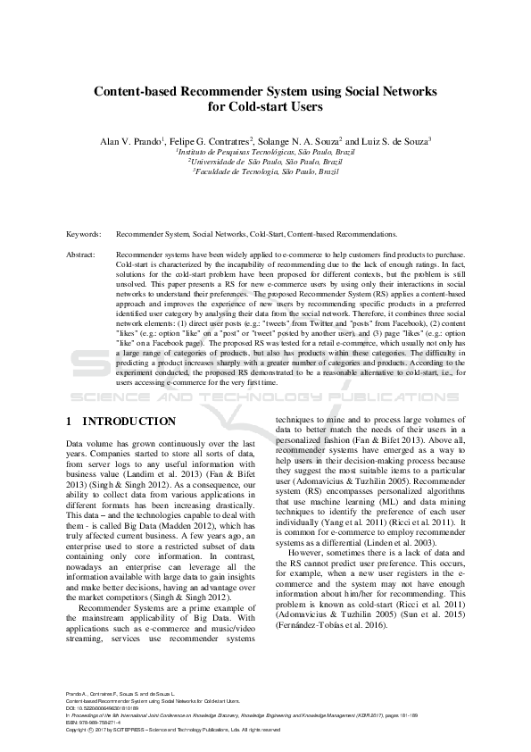 Pdf Content Based Recommender System Using Social Networks For Cold Start Users