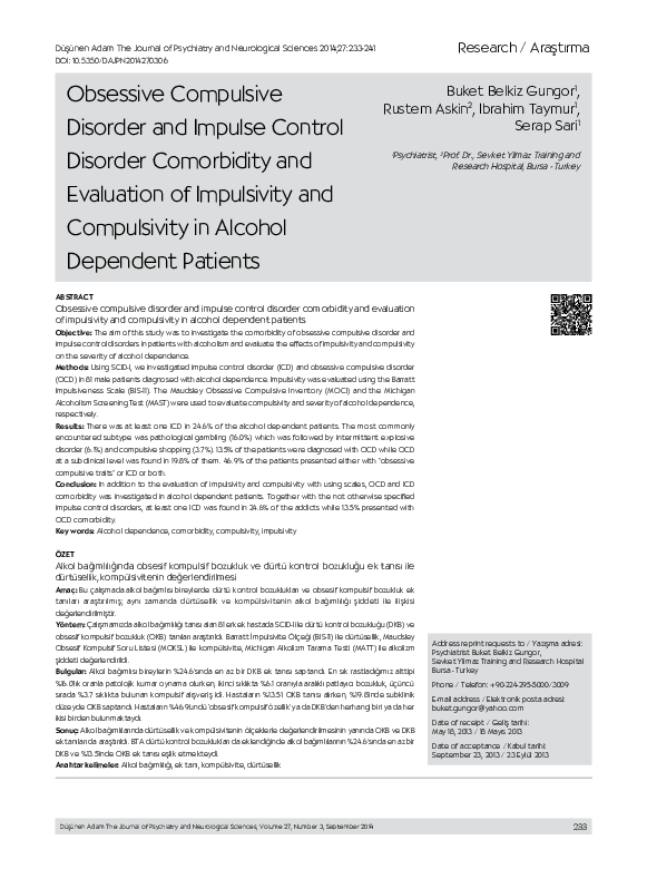 (PDF) Obsessive compulsive disorder and impulse control disorder comorbidity and evaluation of ...