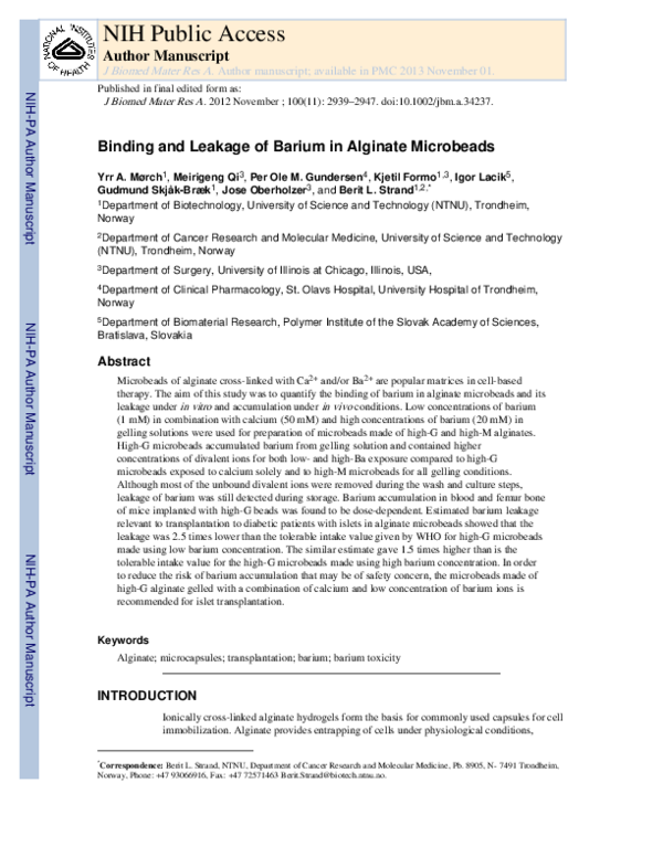 (PDF) Binding and leakage of barium in alginate microbeads