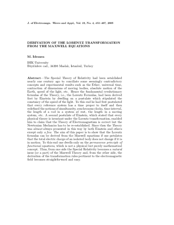 (PDF) Derivation of the Lorentz Transformation from the Maxwell Equations