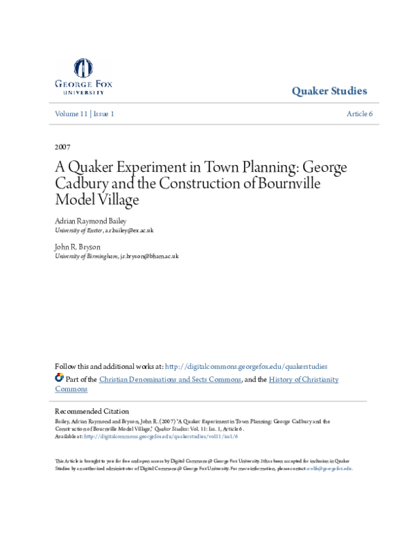 (PDF) A Quaker Experiment in Town Planning: George Cadbury and the ...