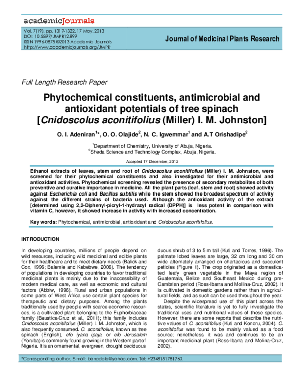 (PDF) Phytochemical constituents, antimicrobial and antioxidant potentials of tree spinach ...