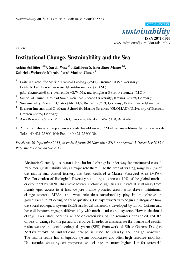 (PDF) Article Institutional Change, Sustainability and the Sea