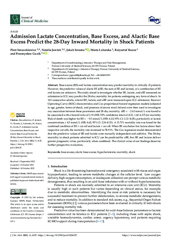 (PDF) Admission Lactate Concentration, Base Excess, and Alactic Base ...