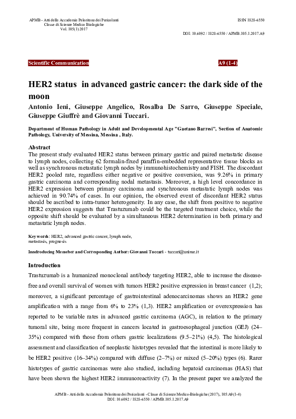 (PDF) HER2 status in advanced gastric cancer: the dark side of the moon