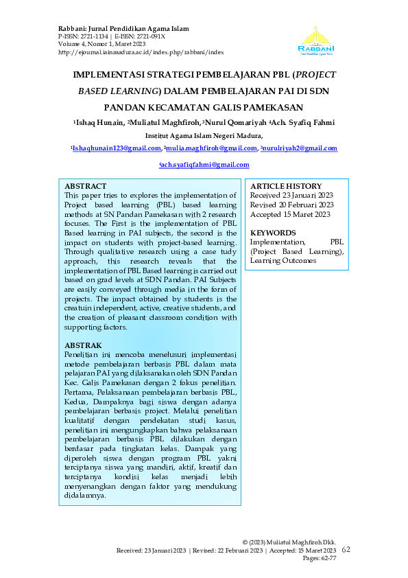 (PDF) Implementasi Strategi Pembelajaran PBL (Project Based Learning) Dalam Pembelajaran Pai DI ...