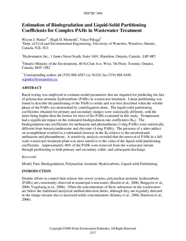 (PDF) Estimation of Biodegradation and Liquid-Solid Partitioning Coefficients for Complex PAHs ...
