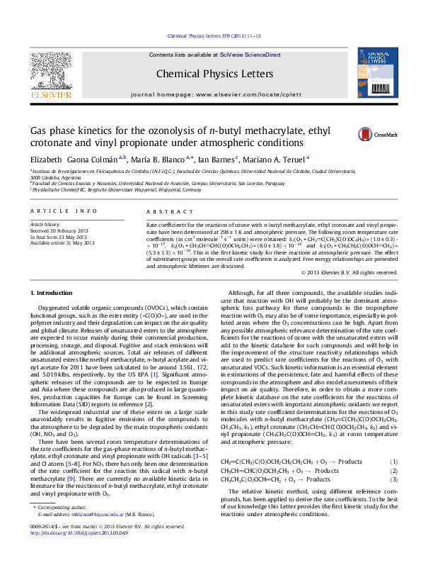 (PDF) Gas phase kinetics for the ozonolysis of n-butyl methacrylate ...