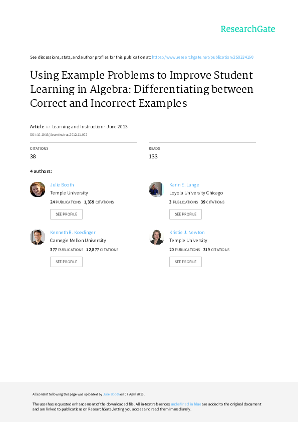 (PDF) Using example problems to improve student learning in algebra ...