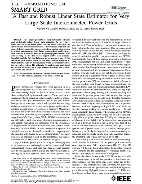Pdf A Fast And Robust Linear State Estimator For Very Large Scale