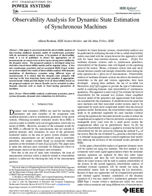 Pdf Observability Analysis For Dynamic State Estimation Of 6400