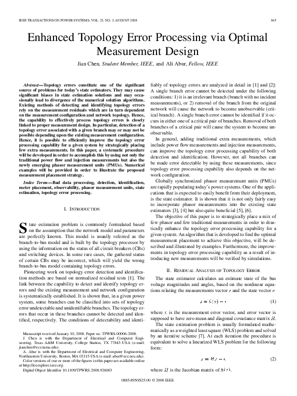 (PDF) Enhanced Topology Error Processing via Optimal Measurement Design