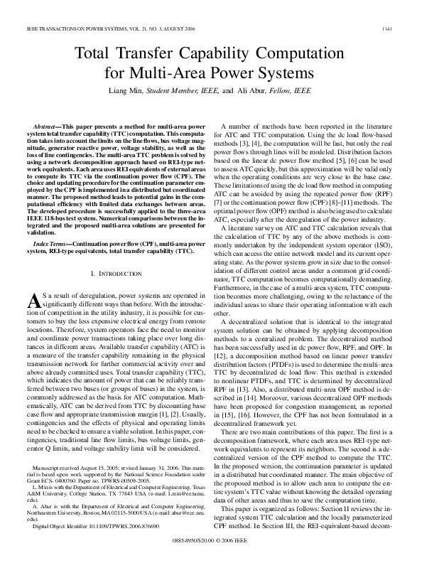 (PDF) Total Transfer Capability Computation for Multi-Area Power Systems