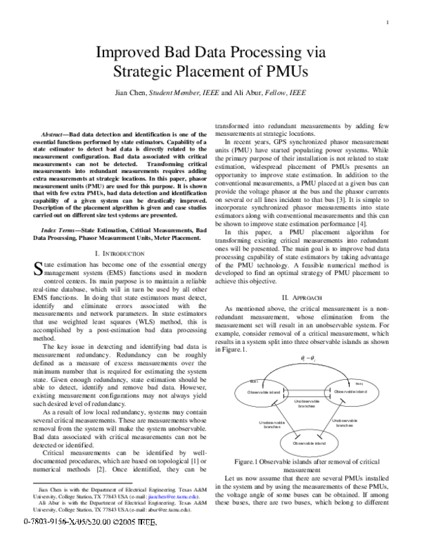 (PDF) Improved bad data processing via strategic placement of PMUs