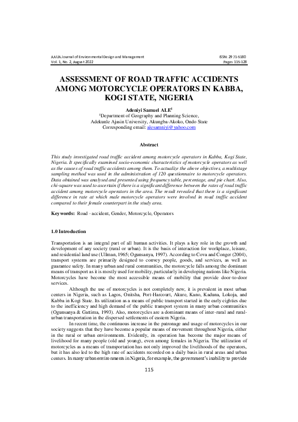 (PDF) ASSESSMENT OF ROAD TRAFFIC ACCIDENTS AMONG MOTORCYCLE OPERATORS IN KABBA, KOGI STATE, NIGERIA
