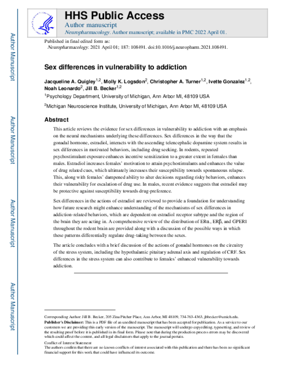 (PDF) Sex differences in vulnerability to addiction