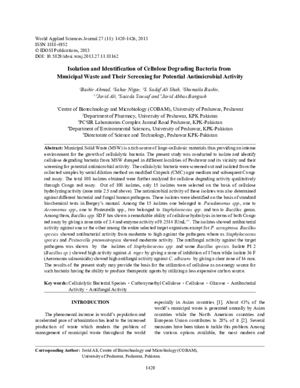(PDF) Isolation and Identification of Cellulose Degrading Bacteria from Municipal Waste and ...